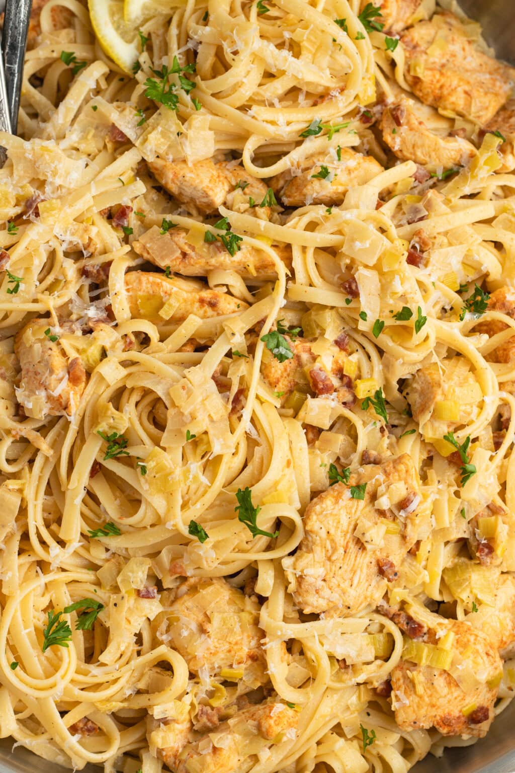 Chicken and Leek Pasta with Pancetta - Sprinkled With Balance